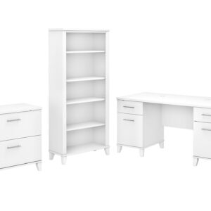 Bush SET013WH 60-Inch W Office Desk w/Lateral File Cabinet and 5-Shelf Bookcase White