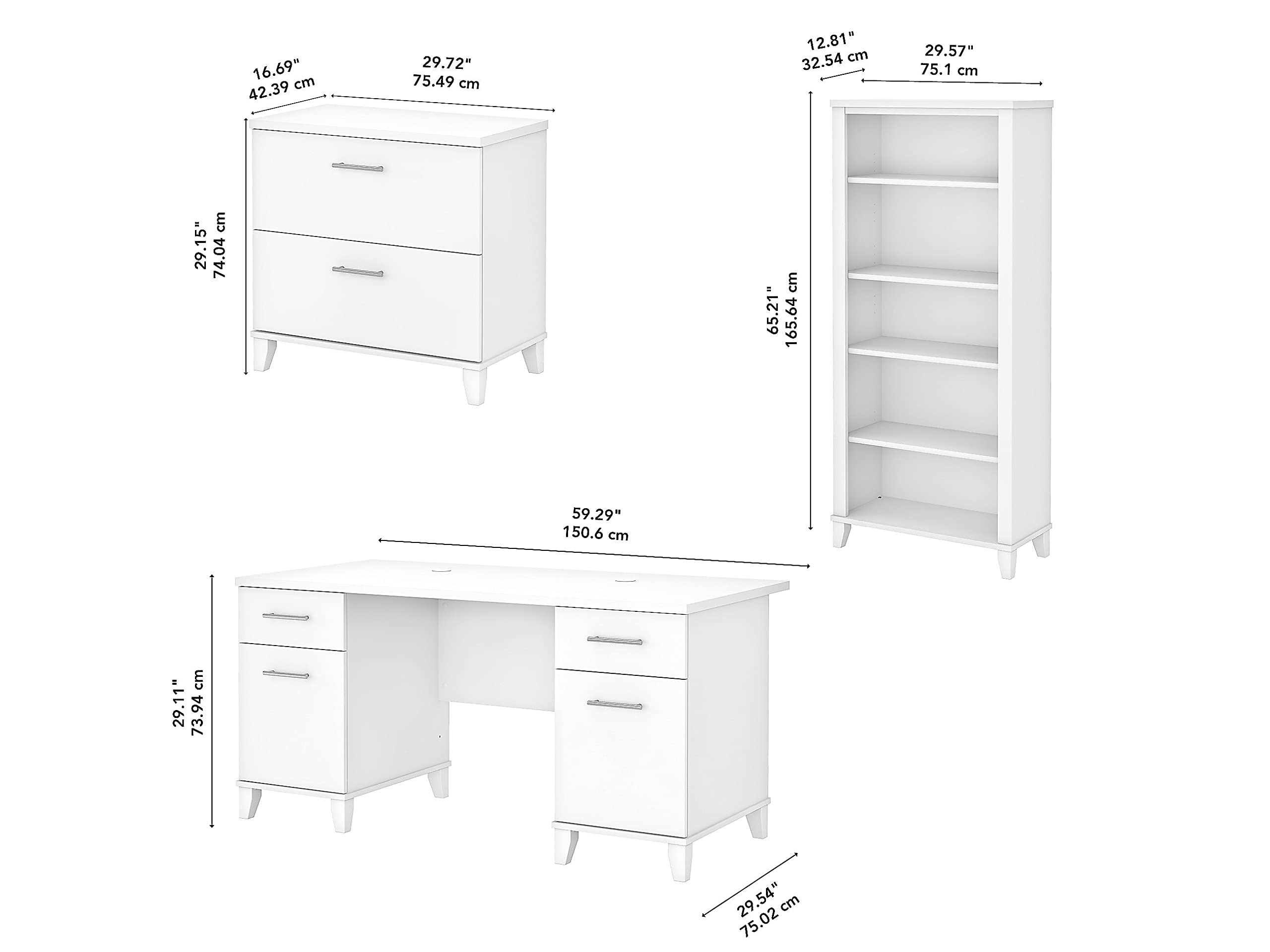 Bush SET013WH 60-Inch W Office Desk w/Lateral File Cabinet and 5-Shelf Bookcase White