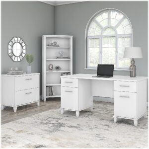 Bush SET013WH 60-Inch W Office Desk w/Lateral File Cabinet and 5-Shelf Bookcase White