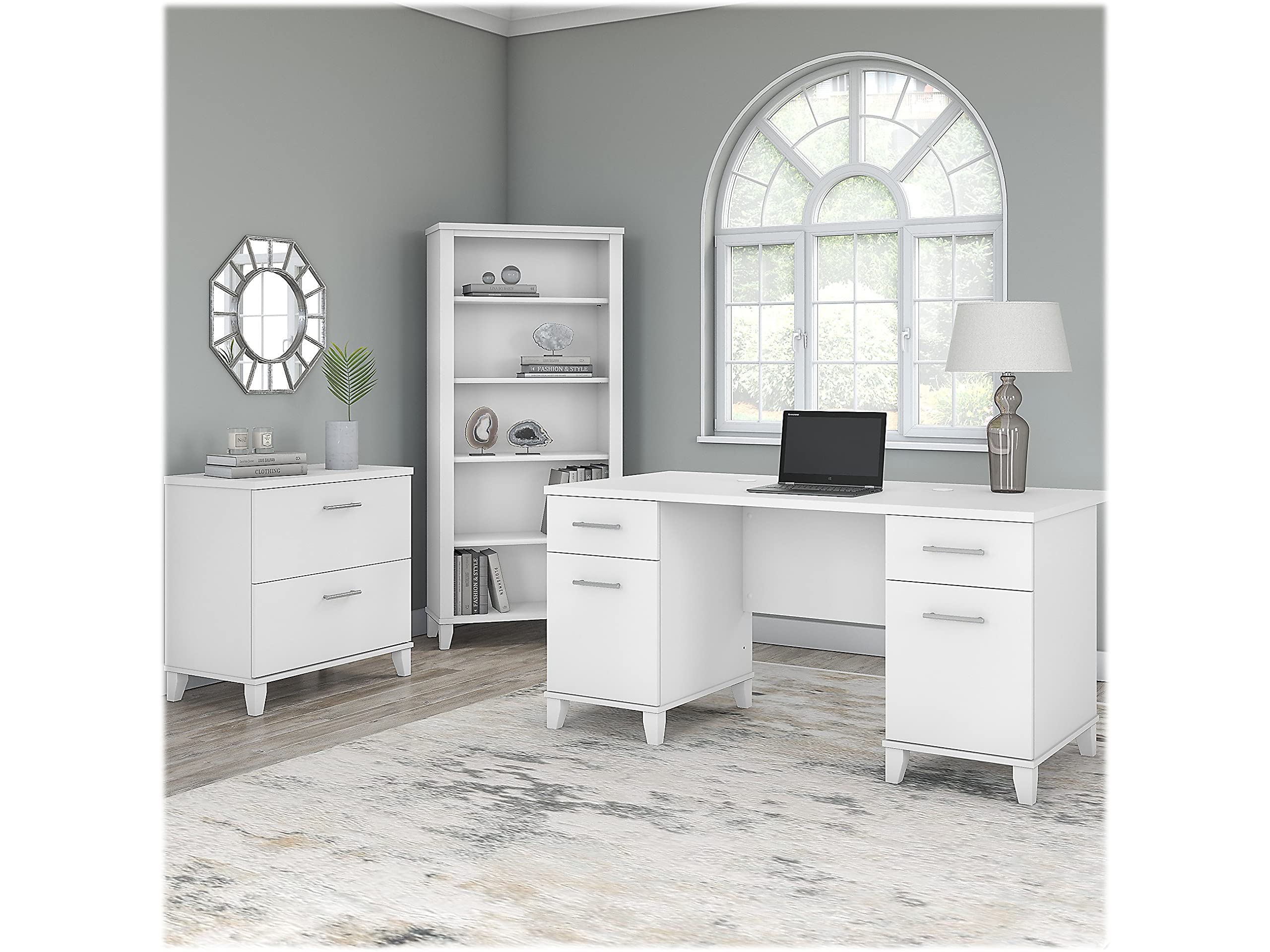 Bush SET013WH 60-Inch W Office Desk w/Lateral File Cabinet and 5-Shelf Bookcase White