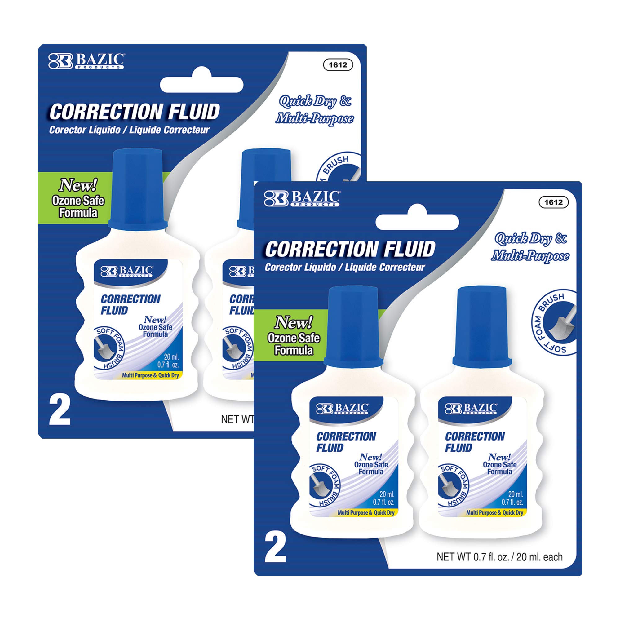 BAZIC Correction Fluid (0.7 oz / 20 ml), Foam Brush Applicator, Instant Corrections Pen White Out Wipe Out Liquid (2/Pack), 2-Packs