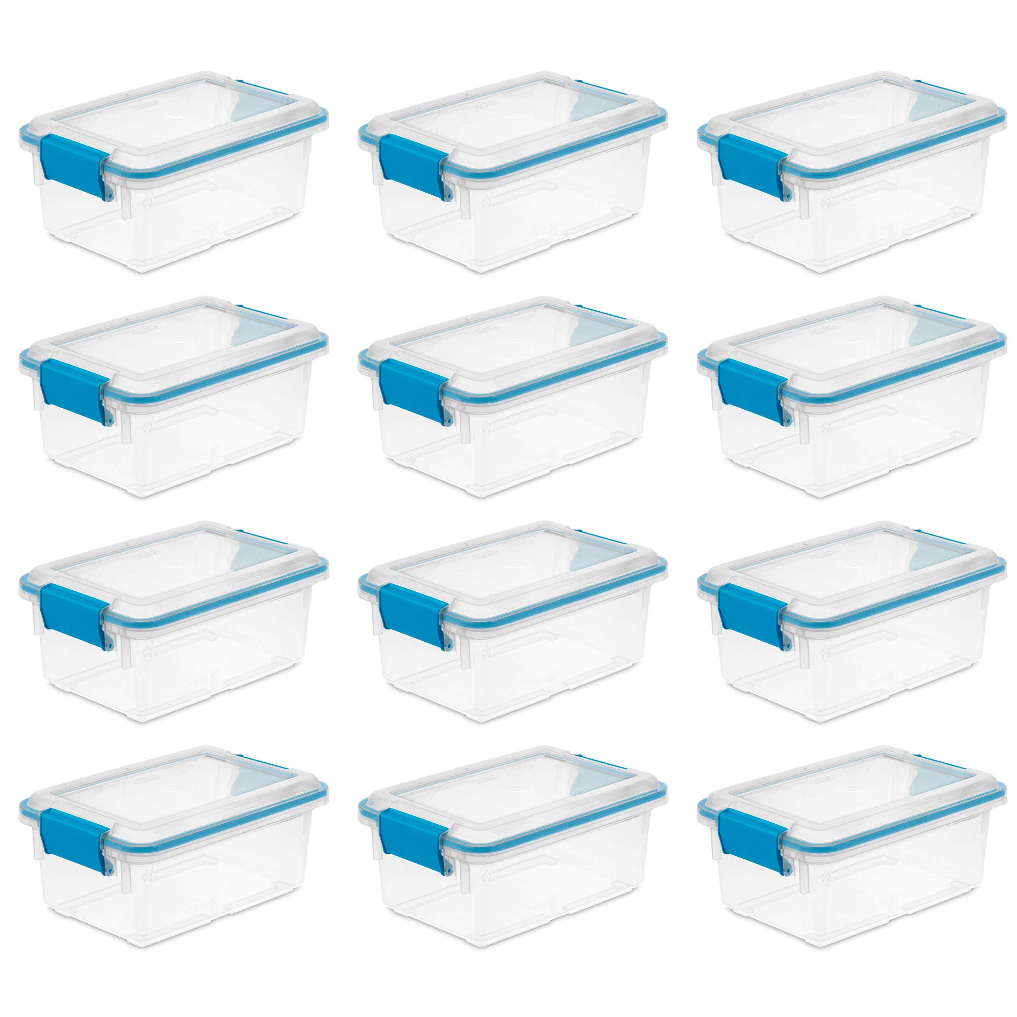 Sterilite 7.5 Qt Gasket Box, Stackable Storage Bin with Latching Lid and Tight Seal, Plastic Container to Organize Basement, Clear Base, Lid, 12-Pack