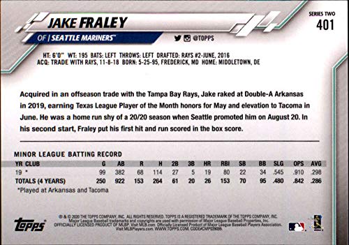 2020 Topps #401 Jake Fraley NM-MT RC Rookie Seattle Mariners Baseball