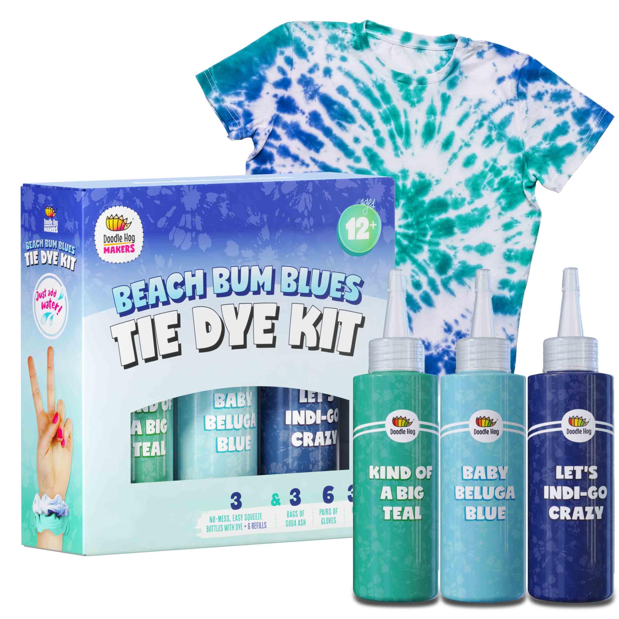 DOODLE HOG Blue Colors Tie Dye Kit in Beach Bum Blue Tie Dye – Custom Clothing Dye with 6 Refills for Summer Activities for Kids - Tie Dye Supplies with Aqua Tie Dye Techniques Guide DIY