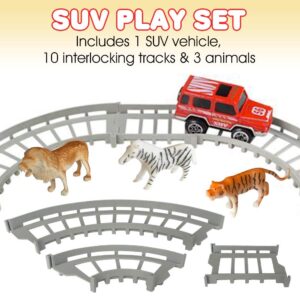 ArtCreativity Battery Operated SUV Playset for Kids, Adventure Play Set with 3 Animal Figurines, 10 Tracks, and SUV Safari Car with Lights and Sounds, Best Car Gifts for Boys and Girls