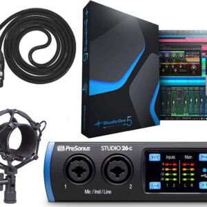 PreSonus Studio 26c 2x4 USB Type-C Audio/MIDI Interface and Studio One Artist Software kit with Condenser Microphone Shockmount, and XLR Cable