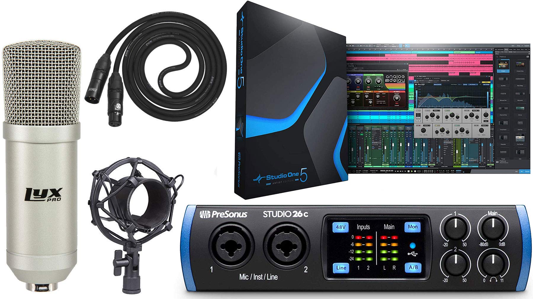 PreSonus Studio 26c 2x4 USB Type-C Audio/MIDI Interface and Studio One Artist Software kit with Condenser Microphone Shockmount, and XLR Cable