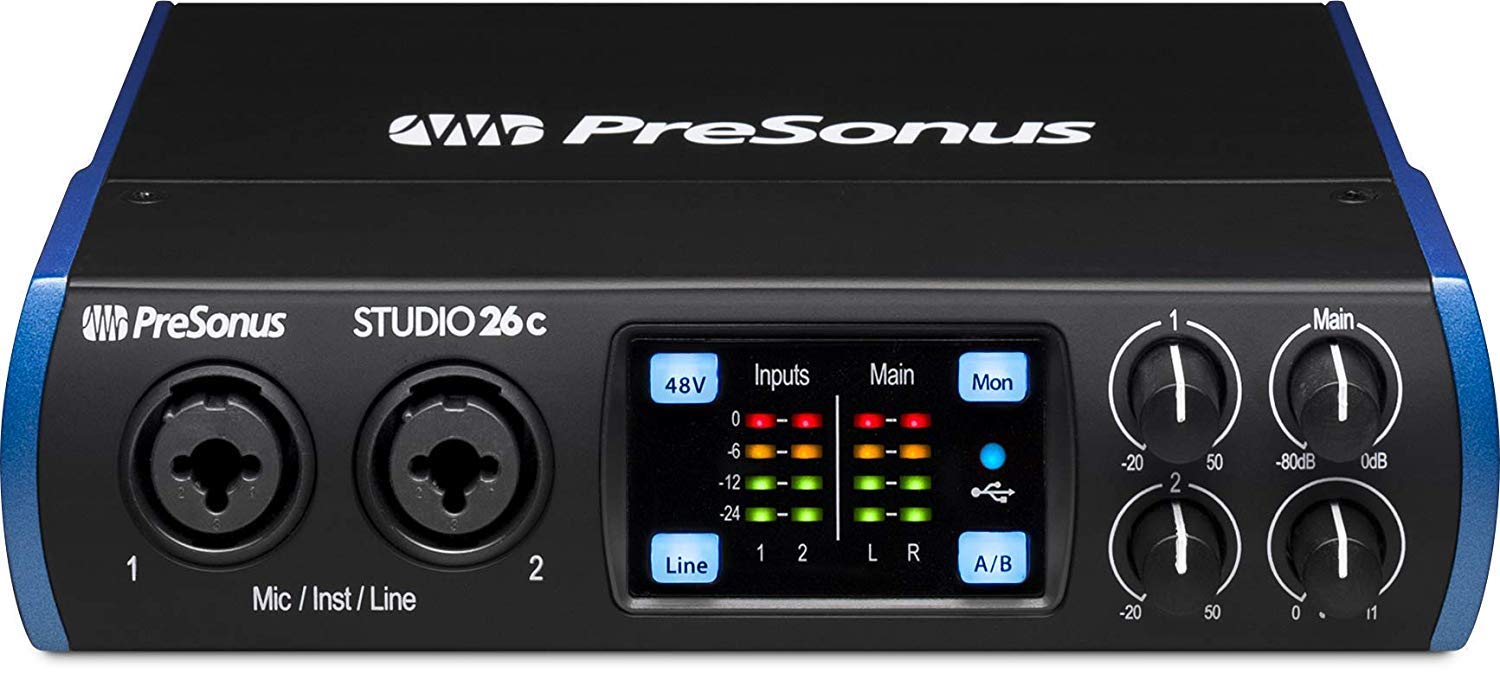 PreSonus Studio 26c 2x4 USB Type-C Audio/MIDI Interface and Studio One Artist Software kit with Condenser Microphone Shockmount, and XLR Cable