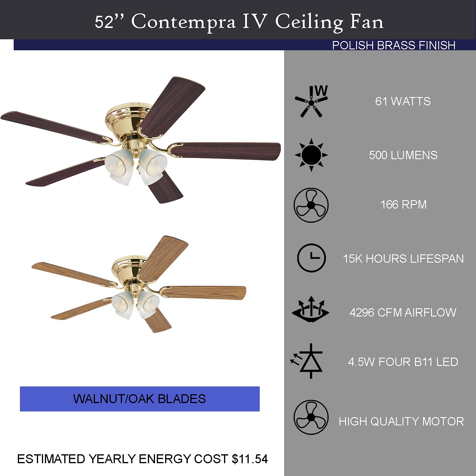 Ciata Lighting 52 Inch Contempora IV Polished Brass Finish Indoor Ceiling Fan with Dimmable LED Light Fixture in Clear Ribbed Glass with Reversible Walnut/Oak Blades