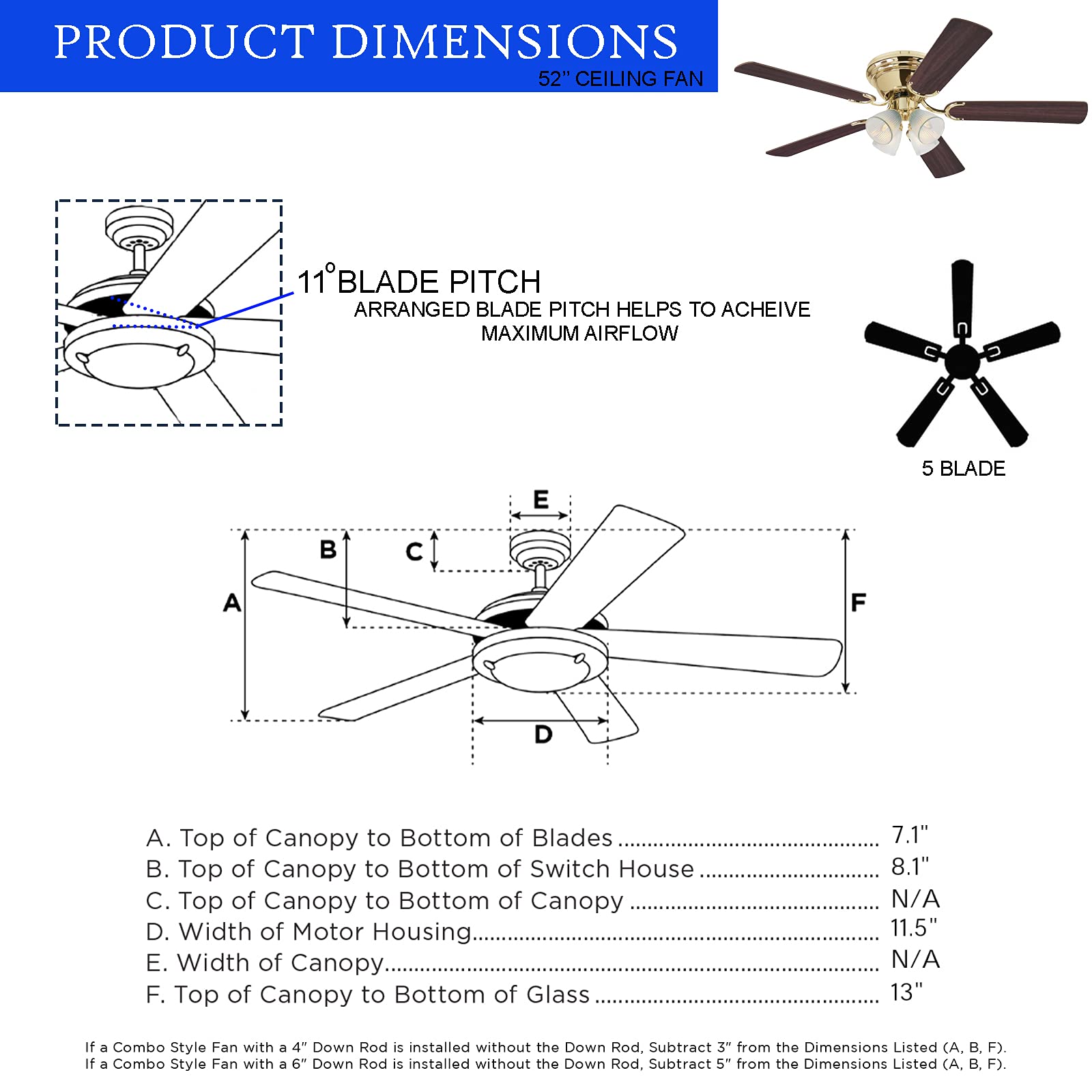 Ciata Lighting 52 Inch Contempora IV Polished Brass Finish Indoor Ceiling Fan with Dimmable LED Light Fixture in Clear Ribbed Glass with Reversible Walnut/Oak Blades