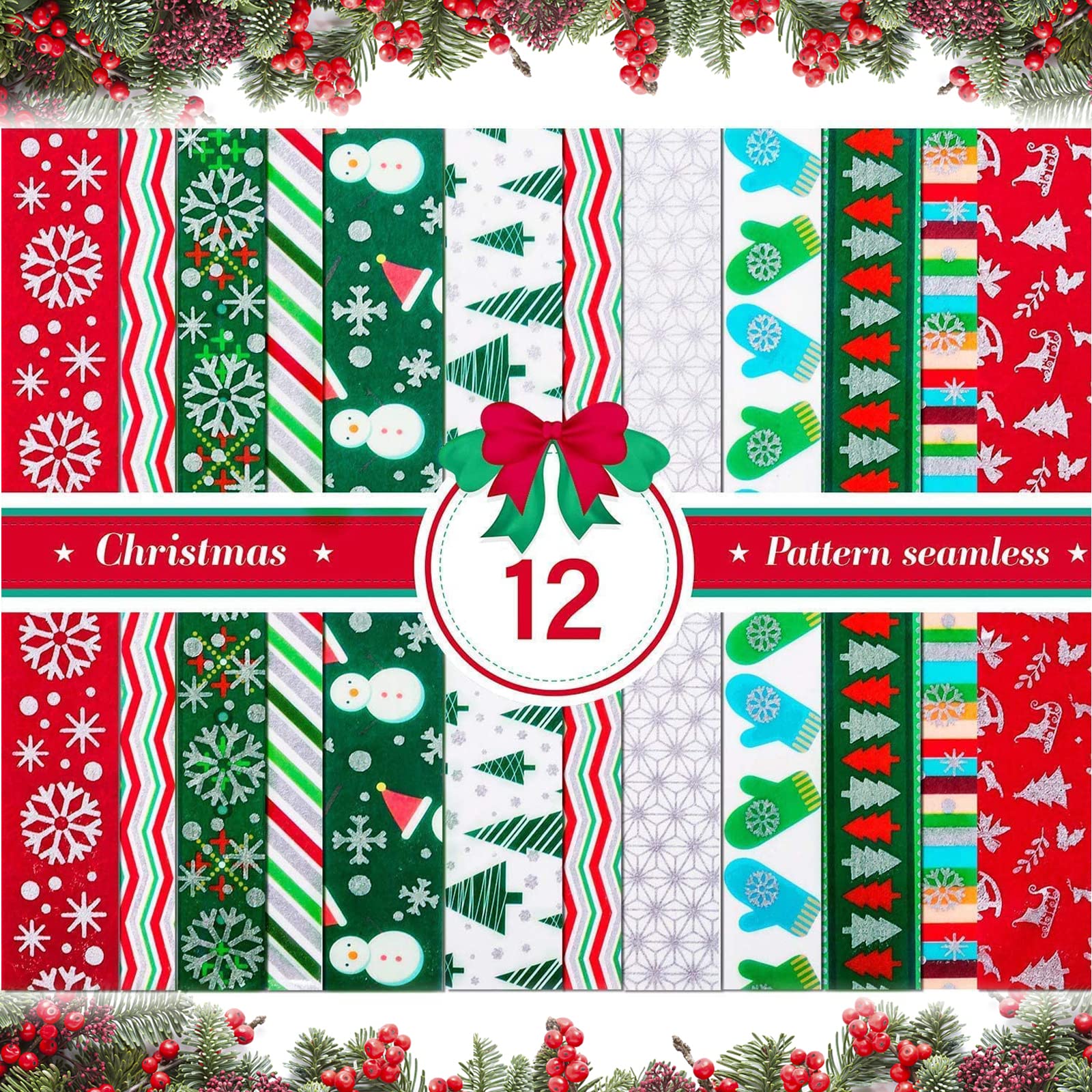 Christmas Washi Tape - 12 Rolls Holiday Washi Tapes 3 Sizes Red Green Christmas Duct Tape Silver Foil Masking Tape Assortment Xmas Tape for Christmas Scrapbook Journal DIY Craft Gift Wrapping