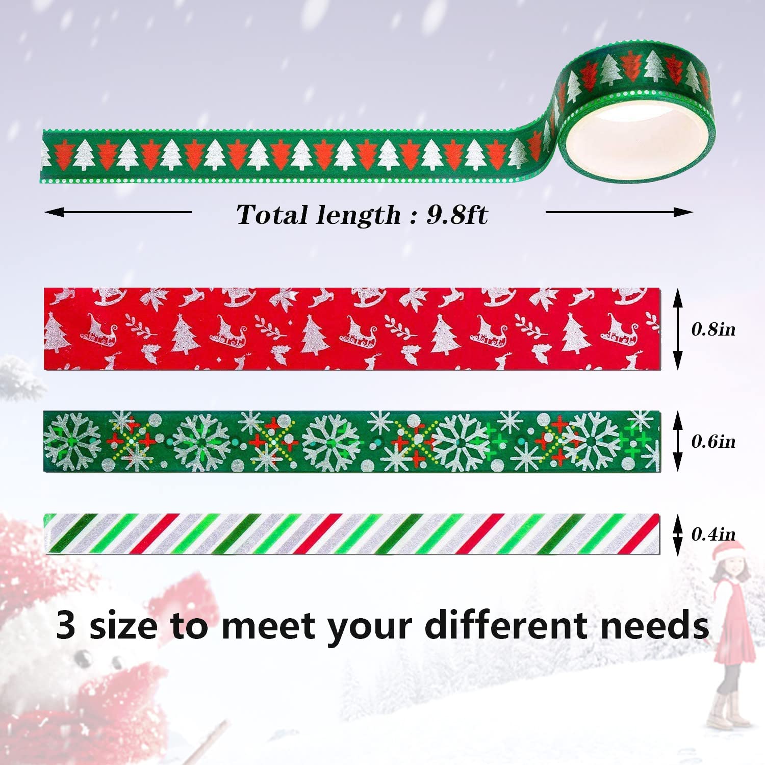 Christmas Washi Tape - 12 Rolls Holiday Washi Tapes 3 Sizes Red Green Christmas Duct Tape Silver Foil Masking Tape Assortment Xmas Tape for Christmas Scrapbook Journal DIY Craft Gift Wrapping