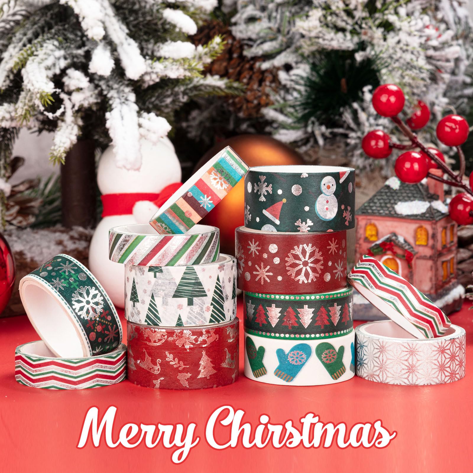 Christmas Washi Tape - 12 Rolls Holiday Washi Tapes 3 Sizes Red Green Christmas Duct Tape Silver Foil Masking Tape Assortment Xmas Tape for Christmas Scrapbook Journal DIY Craft Gift Wrapping