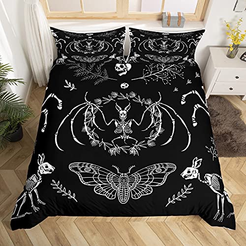 Moth Animal Theme Duvet Cover Queen Size,Gothic Skull Boho Comforter Cover with 2 Pillowcase for Adults,Black and White Skeleton Decorative Soft Bedding Set