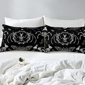 Moth Animal Theme Duvet Cover Queen Size,Gothic Skull Boho Comforter Cover with 2 Pillowcase for Adults,Black and White Skeleton Decorative Soft Bedding Set