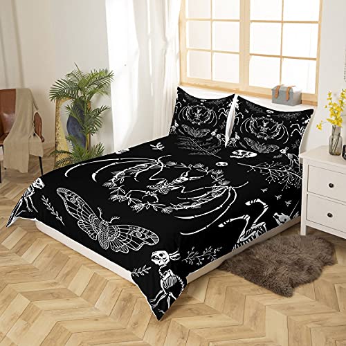 Moth Animal Theme Duvet Cover Queen Size,Gothic Skull Boho Comforter Cover with 2 Pillowcase for Adults,Black and White Skeleton Decorative Soft Bedding Set