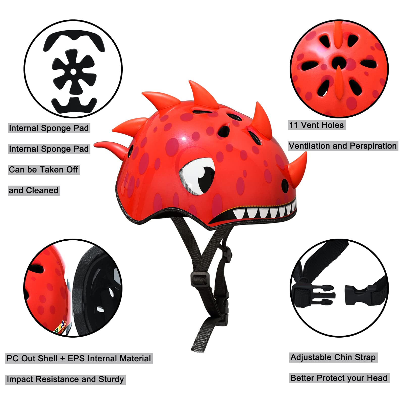 Kids Bike Helmet, Red Dinosaur Toddler Bike Helmets for Kids Ages 2-4 Years Old Boys Girls Lightweight Multi-Sport Helmet for Safety Cycling Skateboard Scooter Skating