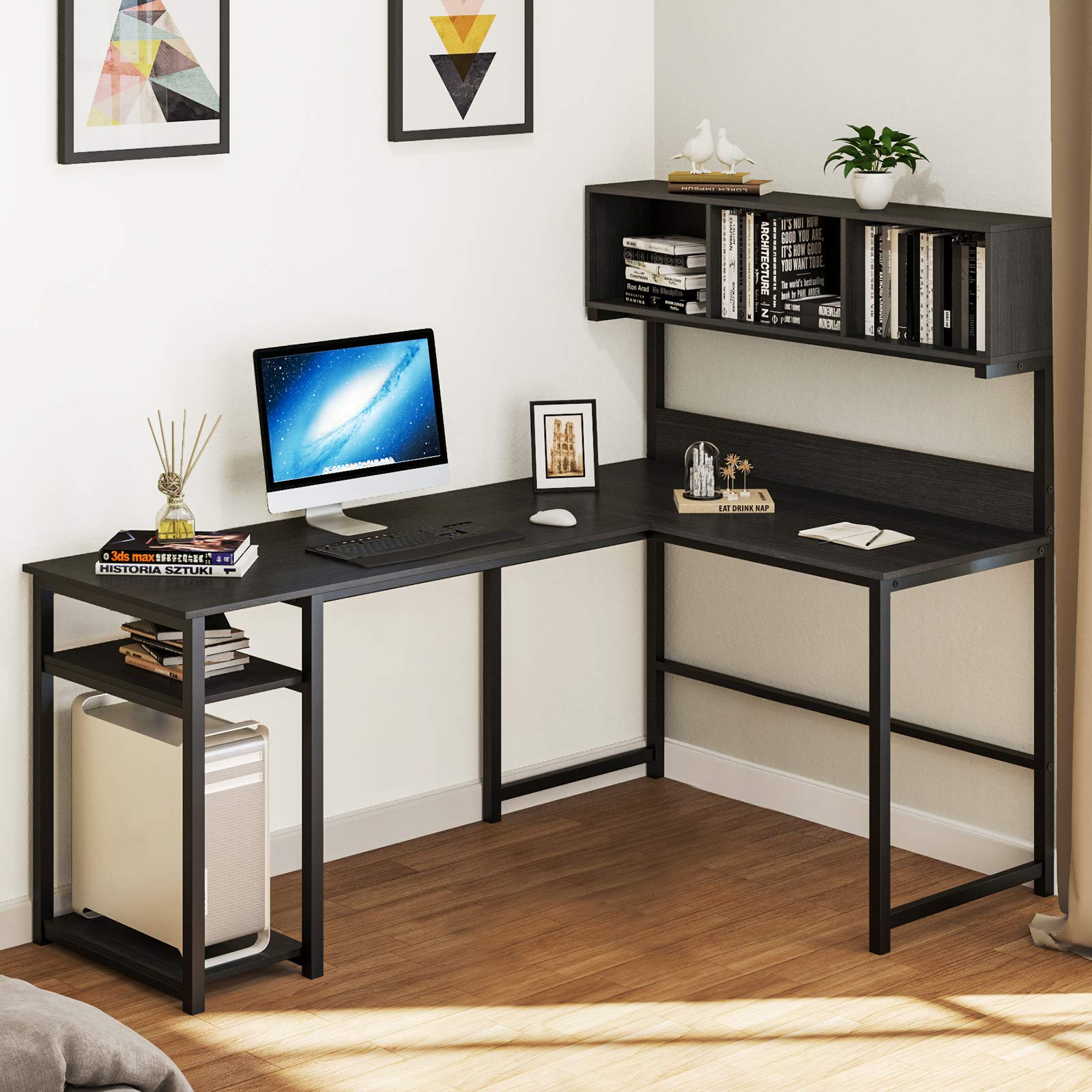 YITAHOME L-Shape Modern Computer Desk with Hutch Storage Bookshelf, 2-Tier Storage Shelves, 69 Inches Corner Writing Gaming Table Workstation for Home Office, Classic Black (FTOFOD-0010)