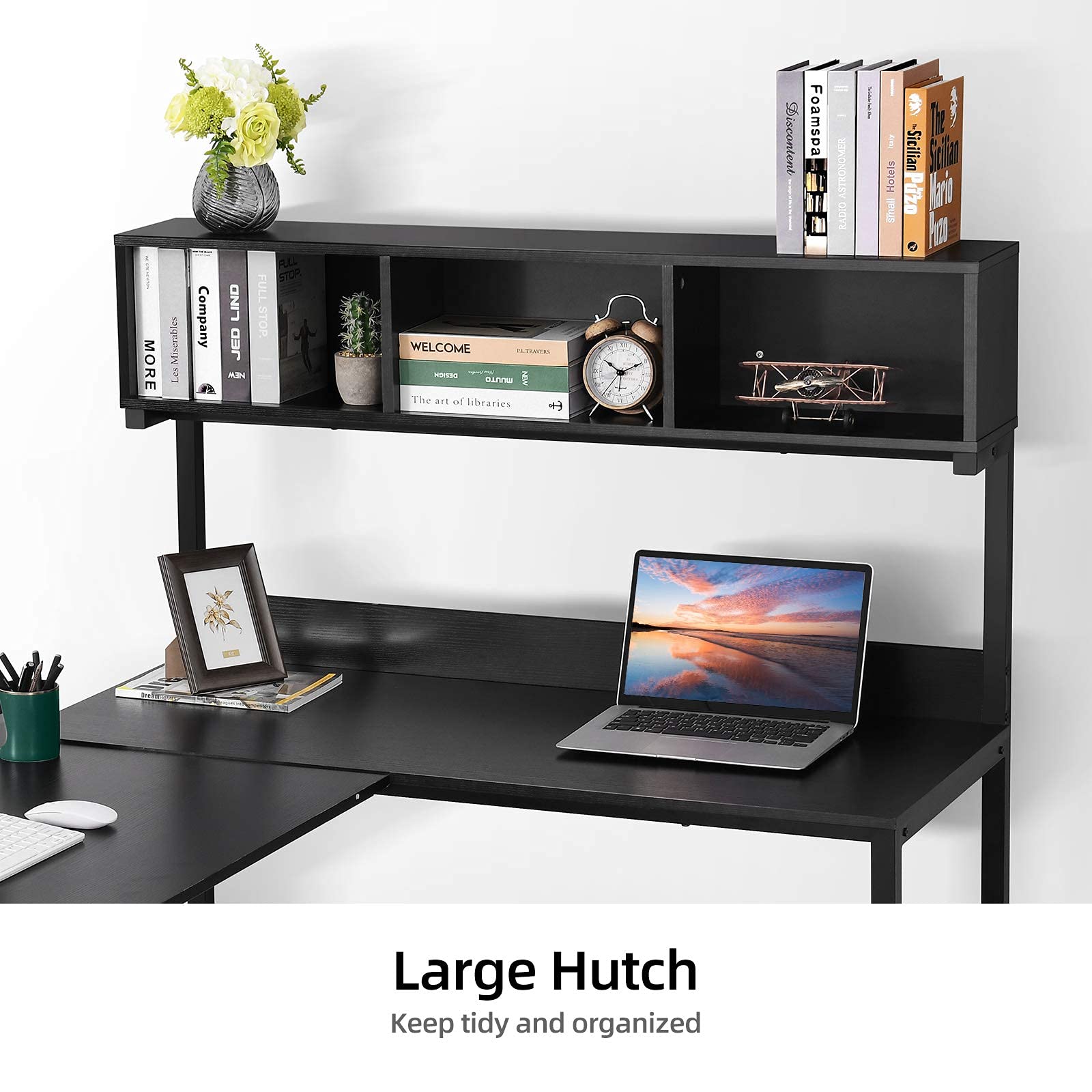 YITAHOME L-Shape Modern Computer Desk with Hutch Storage Bookshelf, 2-Tier Storage Shelves, 69 Inches Corner Writing Gaming Table Workstation for Home Office, Classic Black (FTOFOD-0010)