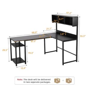 YITAHOME L-Shape Modern Computer Desk with Hutch Storage Bookshelf, 2-Tier Storage Shelves, 69 Inches Corner Writing Gaming Table Workstation for Home Office, Classic Black (FTOFOD-0010)