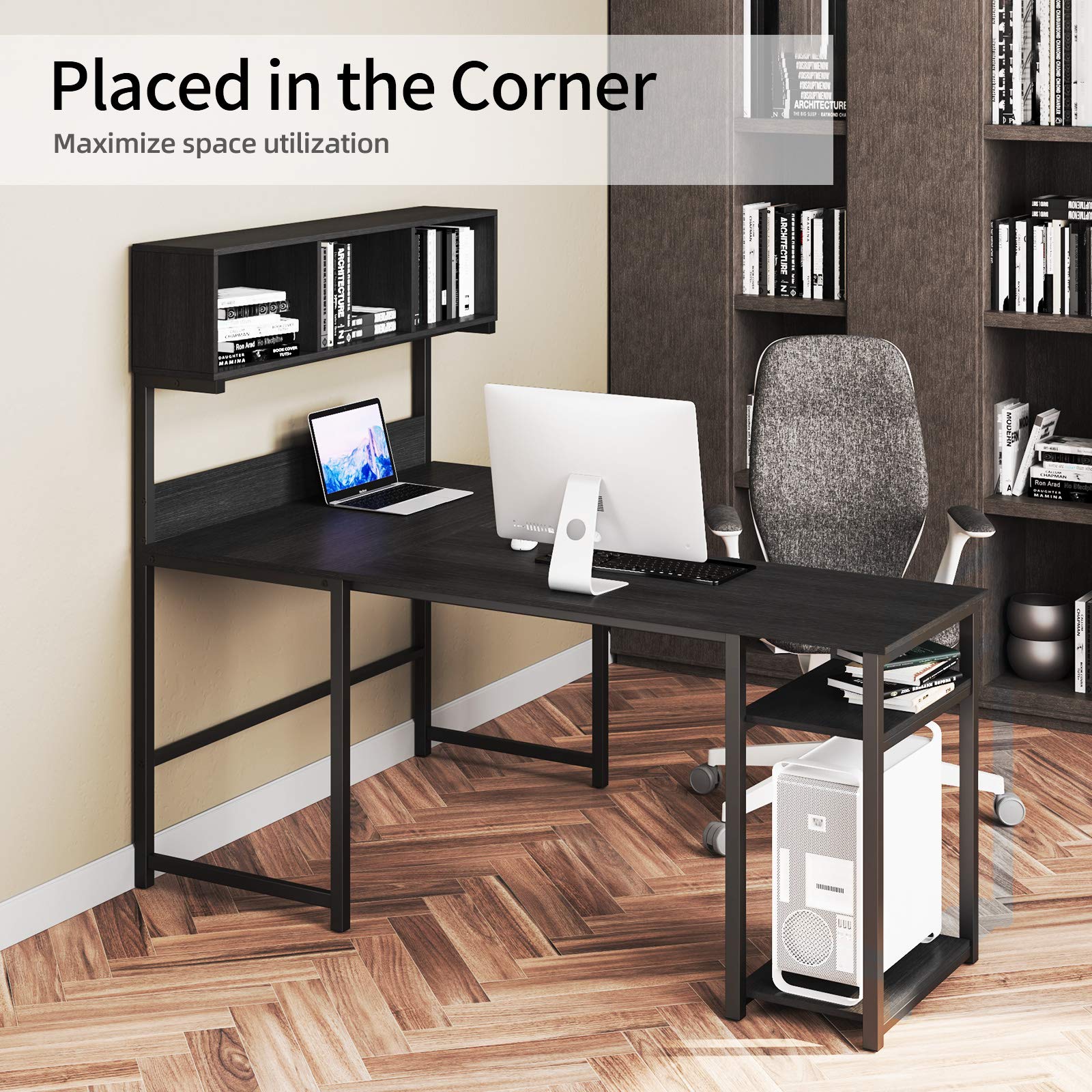 YITAHOME L-Shape Modern Computer Desk with Hutch Storage Bookshelf, 2-Tier Storage Shelves, 69 Inches Corner Writing Gaming Table Workstation for Home Office, Classic Black (FTOFOD-0010)