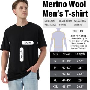 Merino Protect 100% Merino Wool T Shirts for Men Odor Resistance Base Layer Lightweight Hiking Travel T-Shirt Soft Undershirt Black