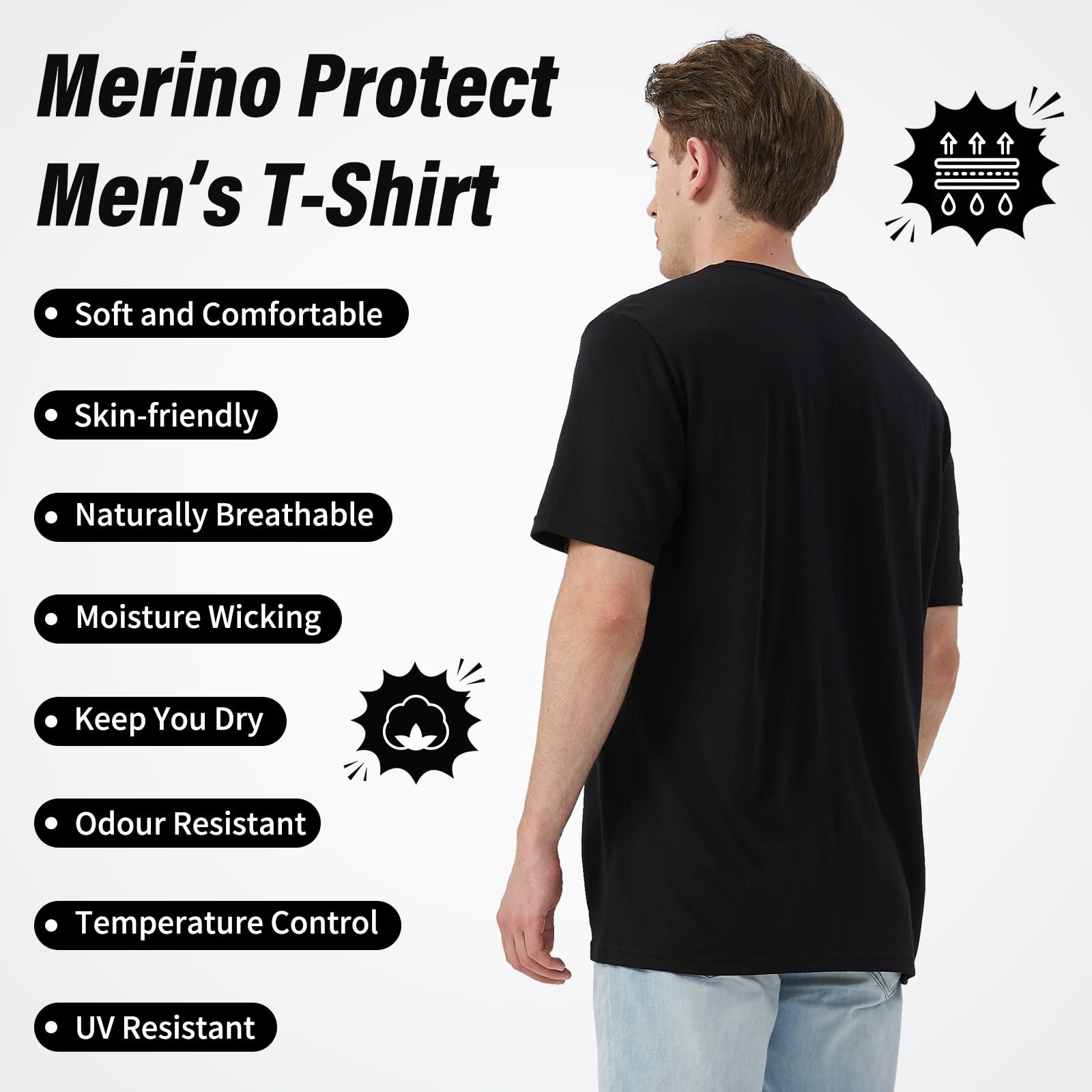 Merino Protect 100% Merino Wool T Shirts for Men Odor Resistance Base Layer Lightweight Hiking Travel T-Shirt Soft Undershirt Black