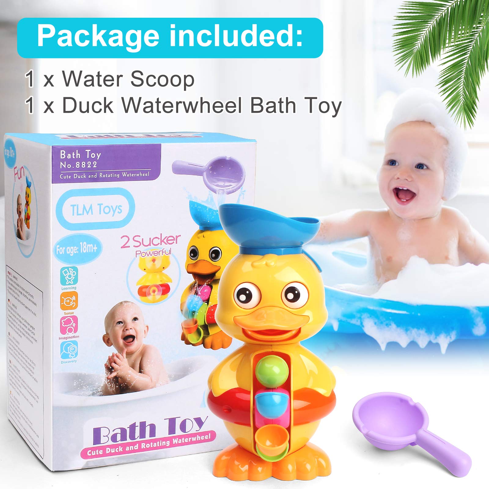 Sitodier Bath Bathtub Toys for Toddlers 1 2 3 Years Old | Duck Bathtub Toys with Rotatable Waterwheel/Eyes | Bathroom Strong Suckers Water Scoop Fun Bath Toys for Toddlers Boys Girls 1-4 Years