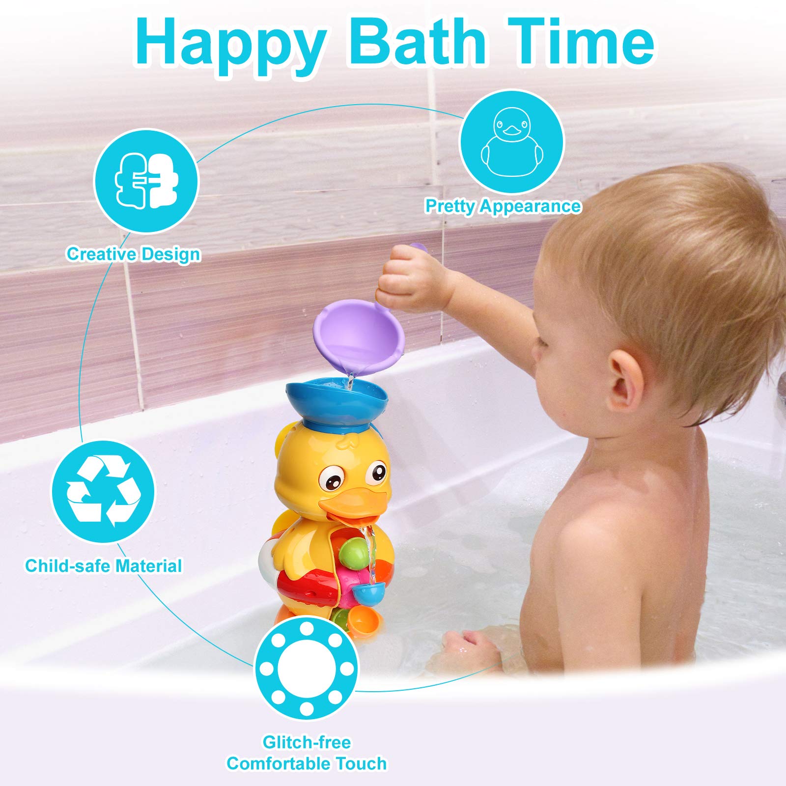 Sitodier Bath Bathtub Toys for Toddlers 1 2 3 Years Old | Duck Bathtub Toys with Rotatable Waterwheel/Eyes | Bathroom Strong Suckers Water Scoop Fun Bath Toys for Toddlers Boys Girls 1-4 Years