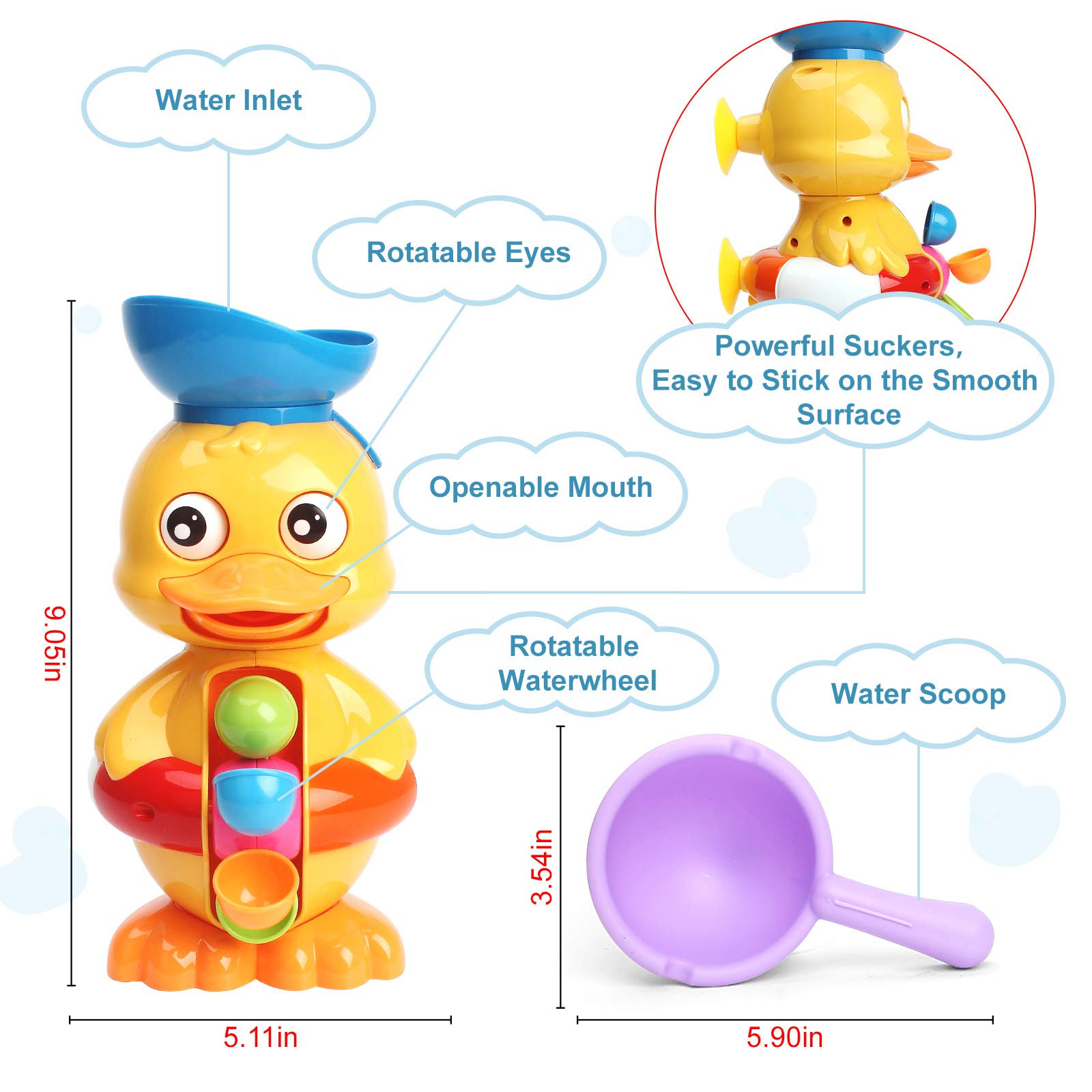 Sitodier Bath Bathtub Toys for Toddlers 1 2 3 Years Old | Duck Bathtub Toys with Rotatable Waterwheel/Eyes | Bathroom Strong Suckers Water Scoop Fun Bath Toys for Toddlers Boys Girls 1-4 Years