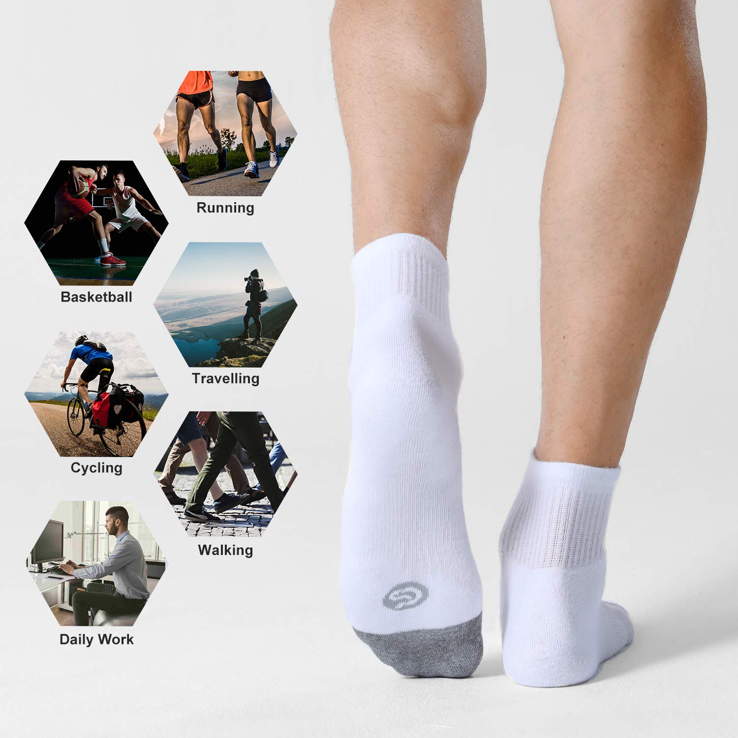 CS CELERSPORT 6 Pack Men's Ankle Socks with Cushion Athletic Running Socks, White, Shoe Size: 9-12