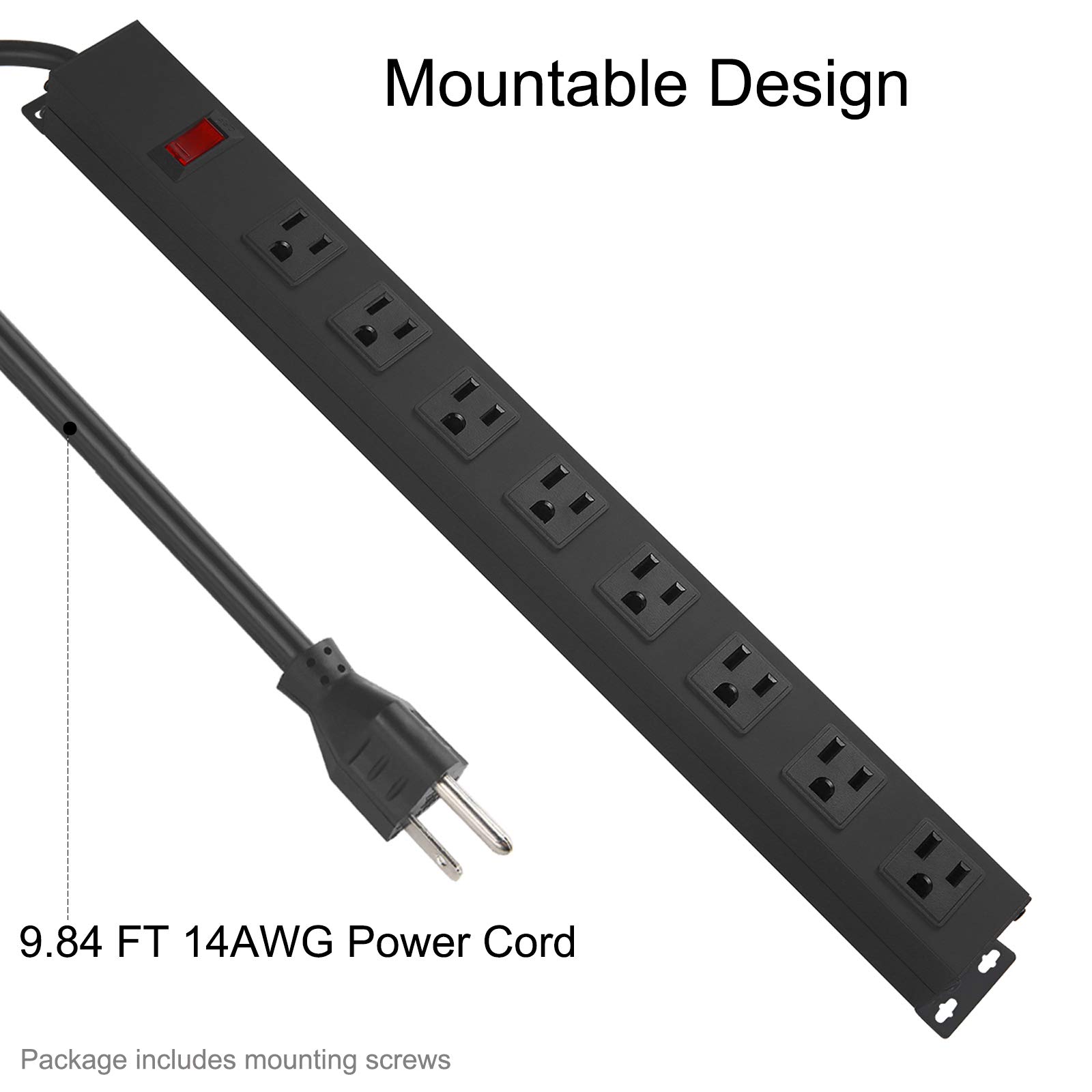 HHSOET Metal Wide Spaced Power Strip, 8 Outlets, Black, 1200J Surge Protector, 15A, 125V, 60Hz, 1875W