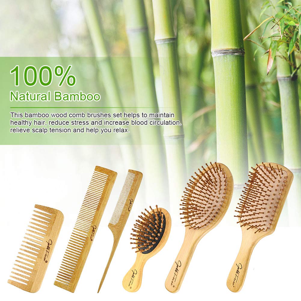 BestFire 6 in 1 Hair Brush Comb for Men Women Handle Bamboo Bristle Hairbrush Set with Tail Comb, Tooth Comb, Double Head Comb, 3 Different Air Cushion Massage Brush for Massaging Scalp