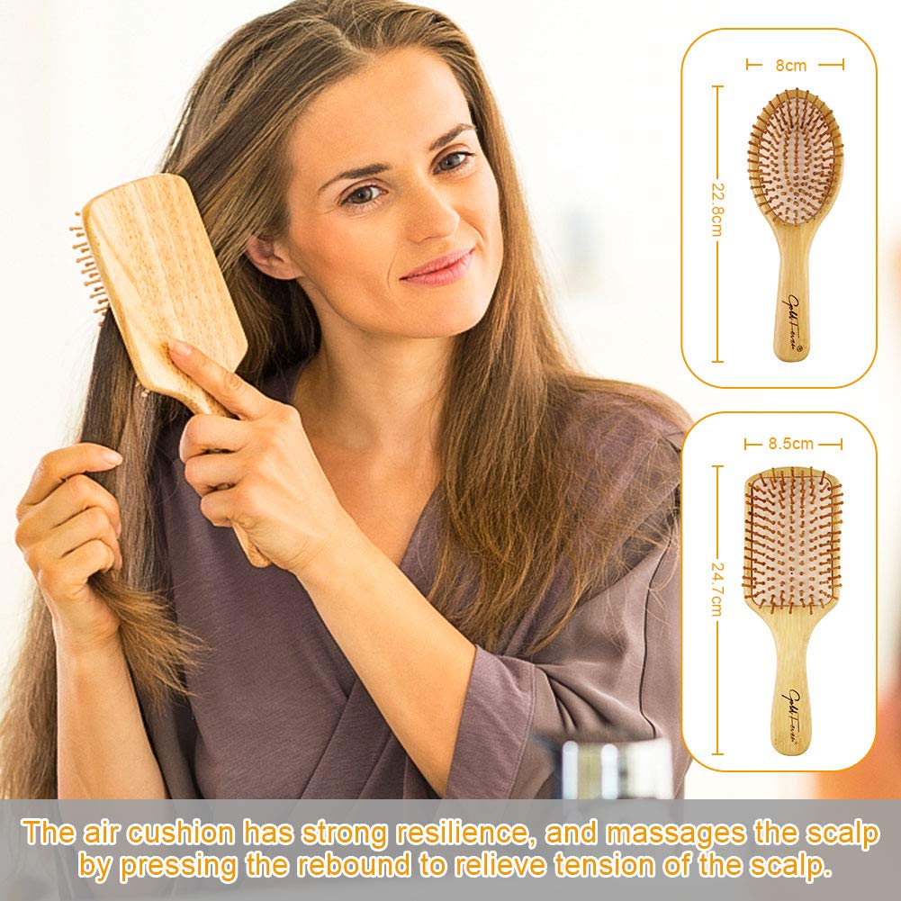 BestFire 6 in 1 Hair Brush Comb for Men Women Handle Bamboo Bristle Hairbrush Set with Tail Comb, Tooth Comb, Double Head Comb, 3 Different Air Cushion Massage Brush for Massaging Scalp