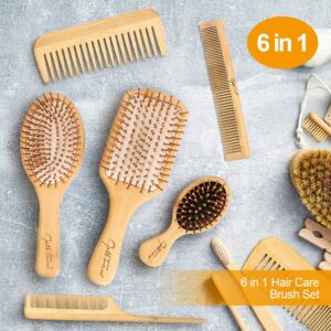 BestFire 6 in 1 Hair Brush Comb for Men Women Handle Bamboo Bristle Hairbrush Set with Tail Comb, Tooth Comb, Double Head Comb, 3 Different Air Cushion Massage Brush for Massaging Scalp