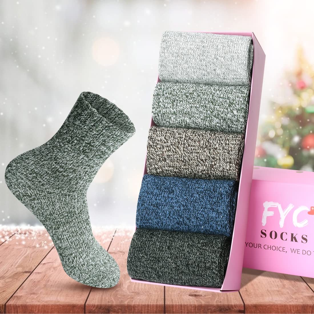 FYC Winter Womens Socks Wool Warm Thick Knit Cozy Crew Casual Vintage Soft Socks for Women Christmas Gifts Socks 5 Pairs