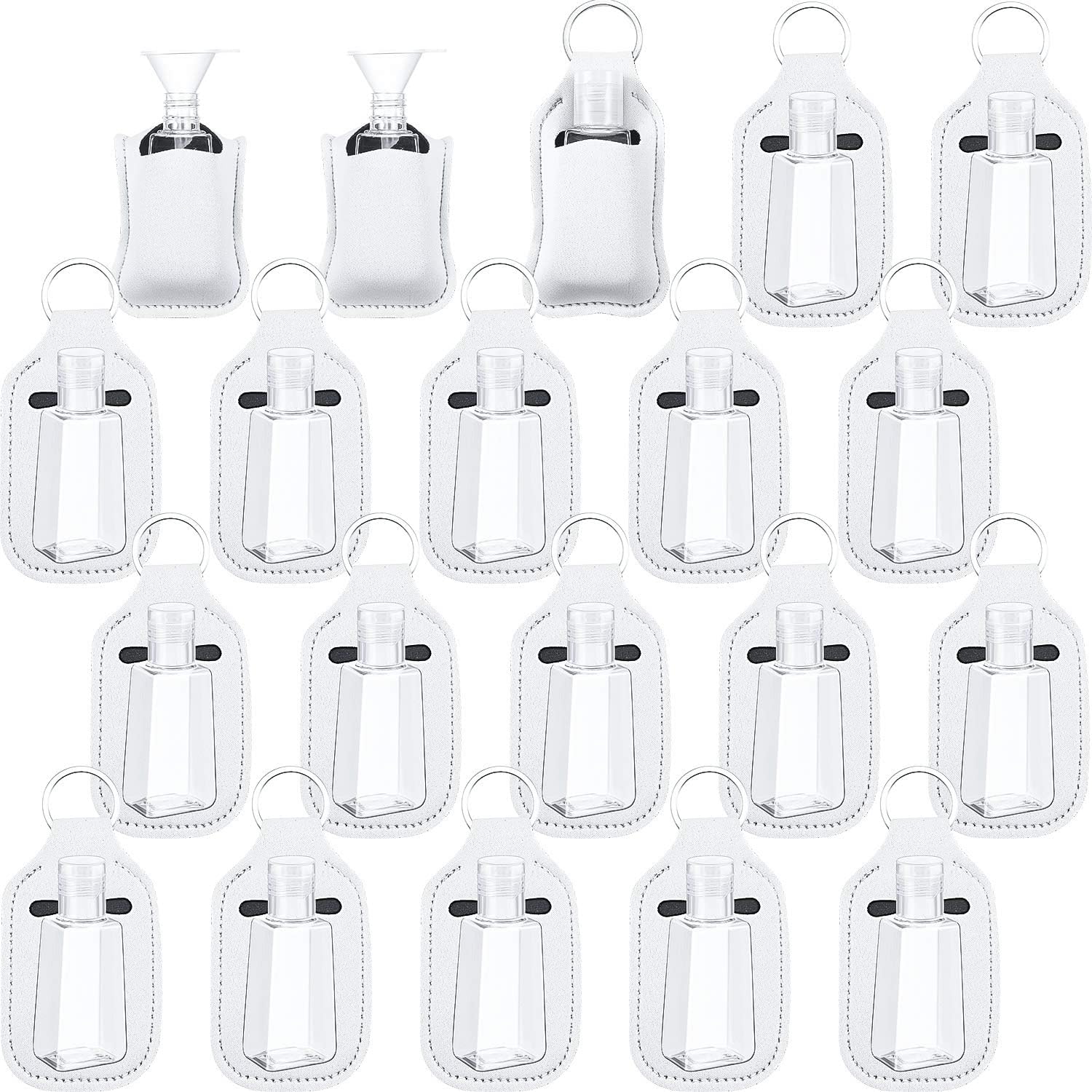 Hand Sanitizer Holder, 42 Pcs Empty Travel Size Bottle Keychain Holders Set Include 20 pcs Refillable Travel Bottles 30 ml Flip Cap Containers, 20 pcs Keychain Bottle Holders, 2 Funnels (White)