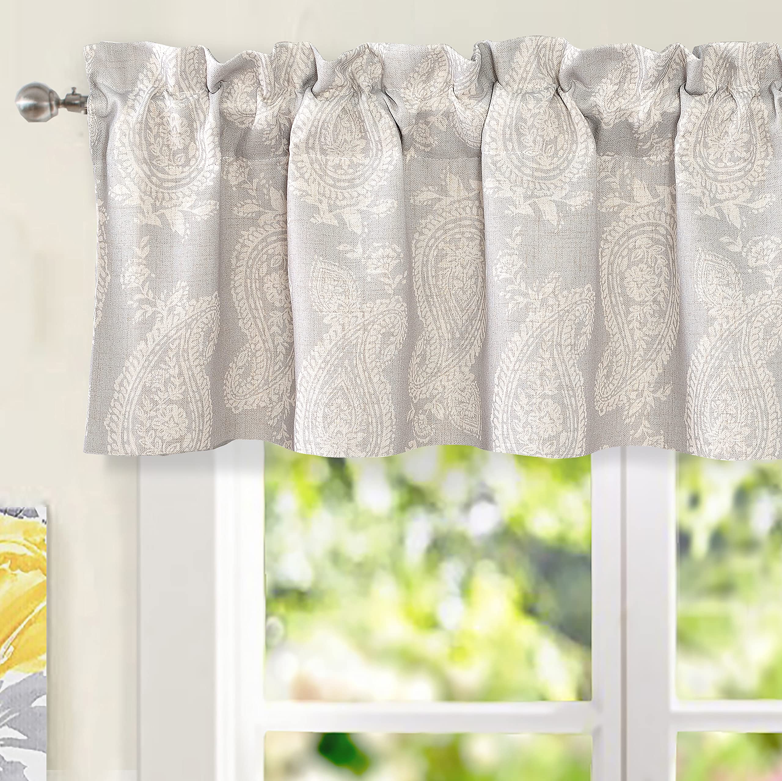 DriftAway Cathy Valance Linen Textured 2 Layers Farmhouse and Modern Rustic Linen Curtains Blackout Valance for Kitchen Living Room Paisley Block Print Single 52 Inch by 14 Inch Plus 2 Inch Gray