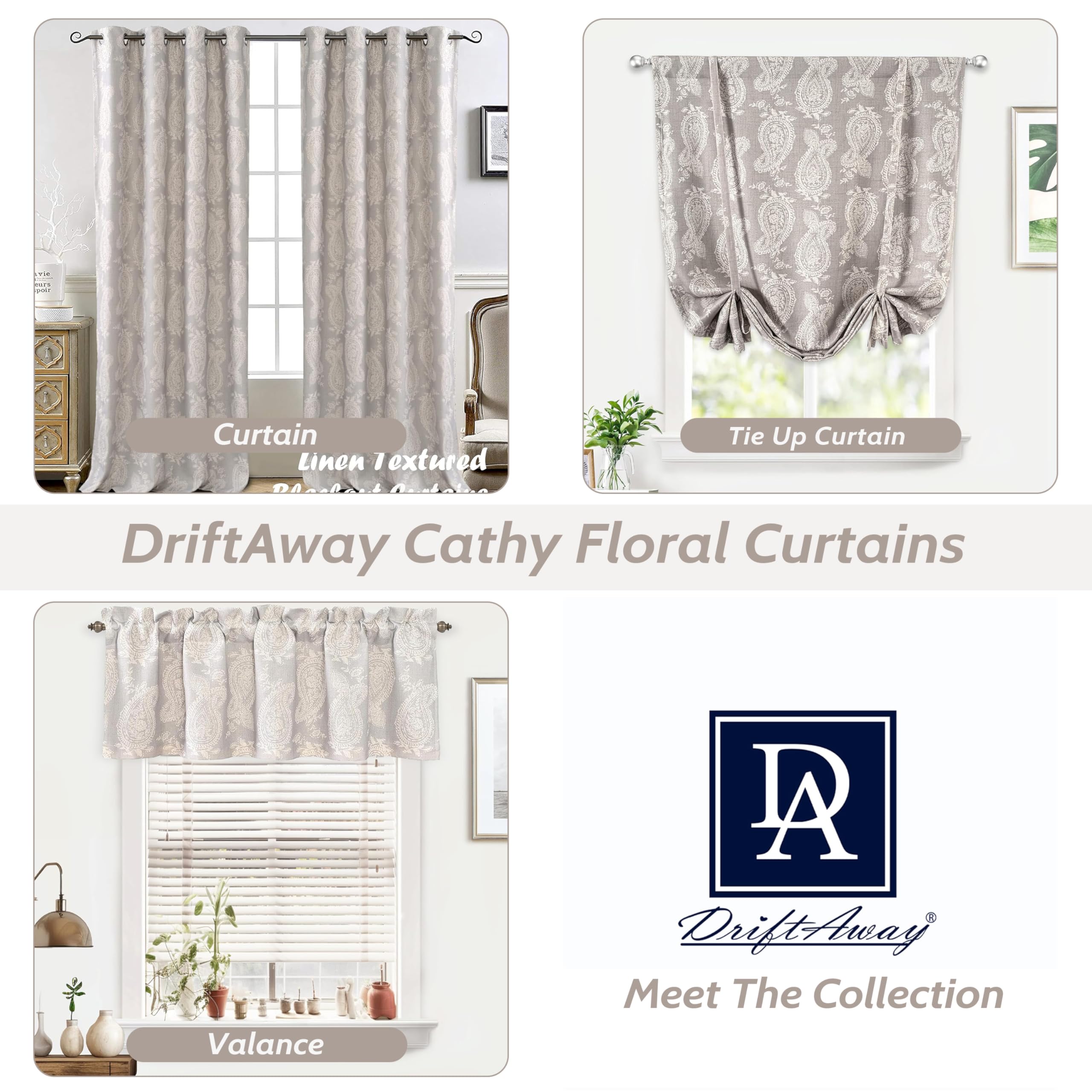 DriftAway Cathy Valance Linen Textured 2 Layers Farmhouse and Modern Rustic Linen Curtains Blackout Valance for Kitchen Living Room Paisley Block Print Single 52 Inch by 14 Inch Plus 2 Inch Gray