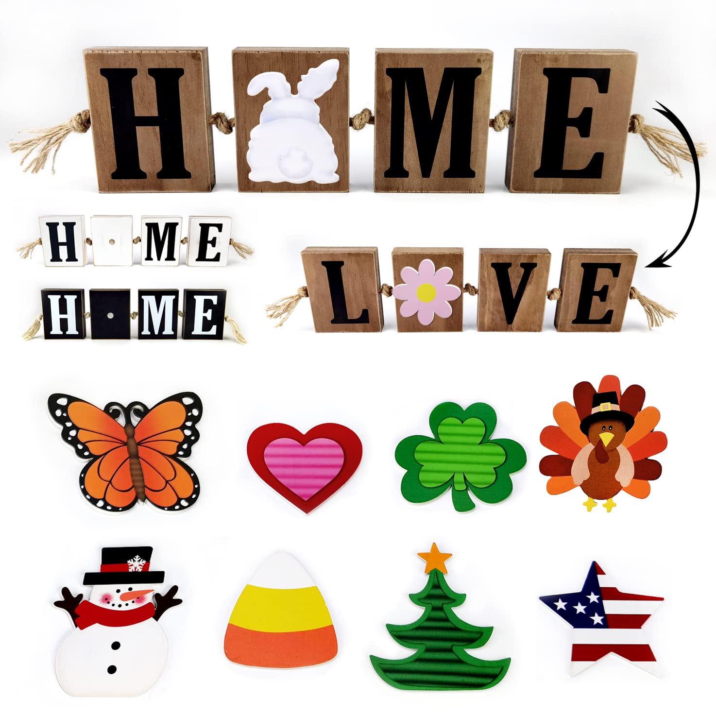 Winder Rustic Home Sign & Love Sign with 10-PC Interchangeable Holiday 2-Side Cutout Decorative Letters Seasonal Wooden Freestanding Decorations for Spring Easter 4th of July Home Decor (Natural)