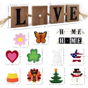 Winder Rustic Home Sign & Love Sign with 10-PC Interchangeable Holiday 2-Side Cutout Decorative Letters Seasonal Wooden Freestanding Decorations for Spring Easter 4th of July Home Decor (Natural)