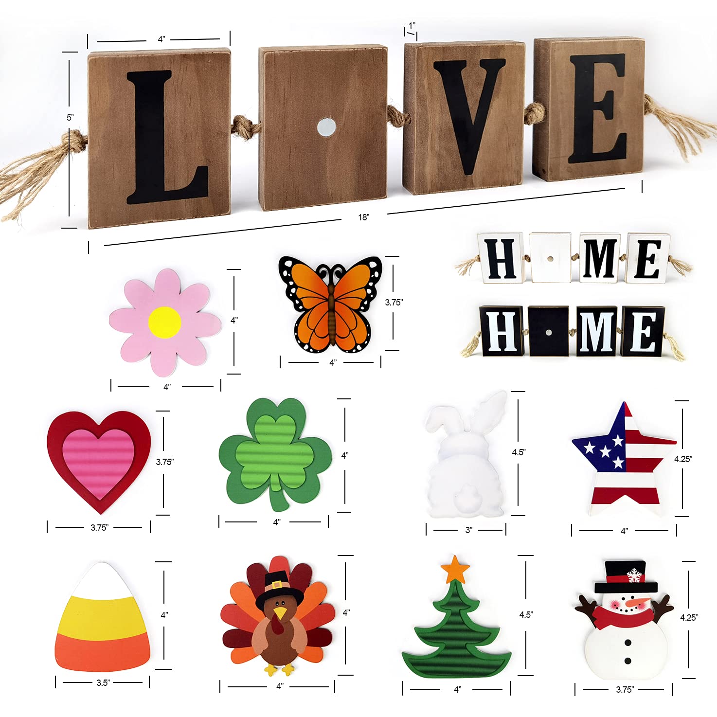 Winder Rustic Home Sign & Love Sign with 10-PC Interchangeable Holiday 2-Side Cutout Decorative Letters Seasonal Wooden Freestanding Decorations for Spring Easter 4th of July Home Decor (Natural)