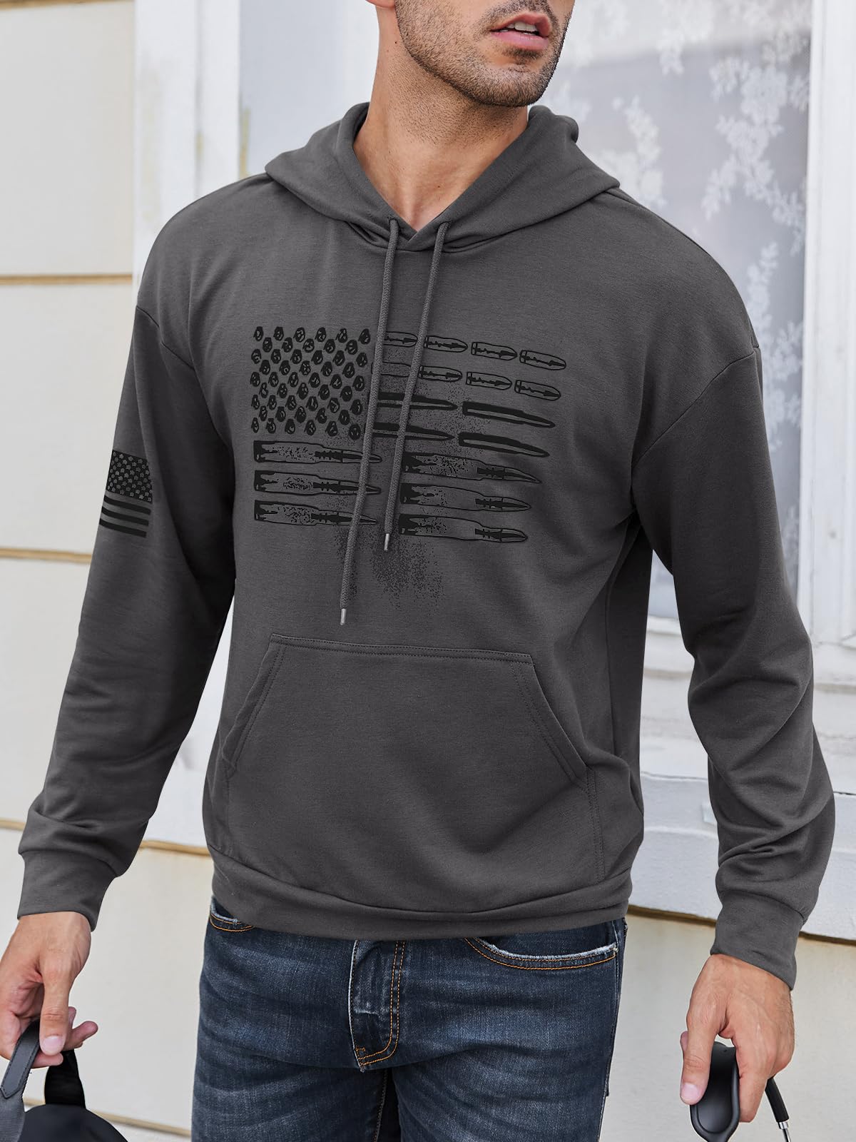 Vdnerjg Mens Hoodies Long Sleeve American Flag Graphic Drawstring Hooded Pullover Sweatshirts Grey