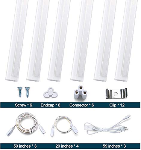 Led Shop Light 4ft 6500k 2640lm 24w, Bright White, Pack of 6, Linkable Led Shop Lights for Garage, Easy Led T5 Shop Lights for Workshop, Mounted Up-to Ceiling or Under Cabinet, Built-in On/Off Switch