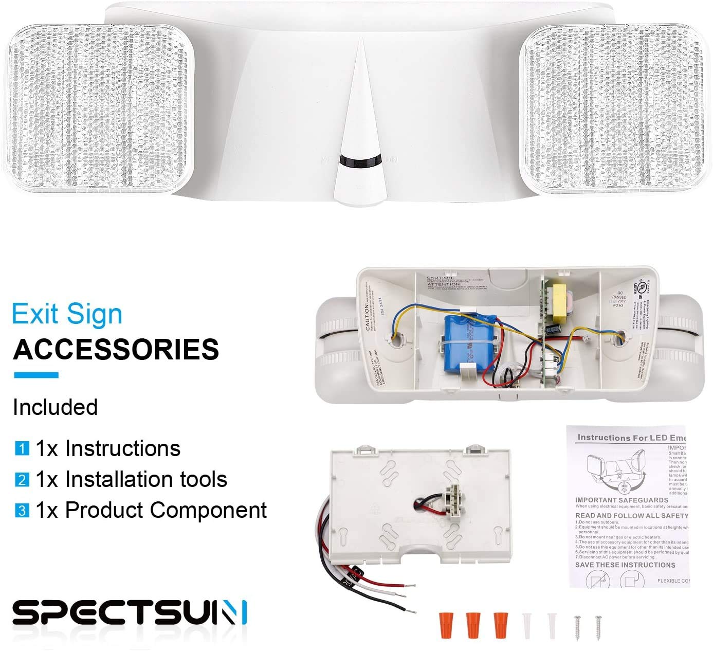 SPECTSUN 12 Pack White Emergency Lighting with 2 LED Heads White Emergency Exit Fixture and Battery Backup -UL 924 Certified and CEC Qualified Emergency Light,ABS housing,Adjustable Light Heads