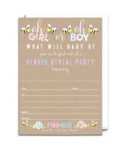 gender reveal invitations with envelopes, bee baby shower invites customize party details diy 5x7 card set, 25 pack