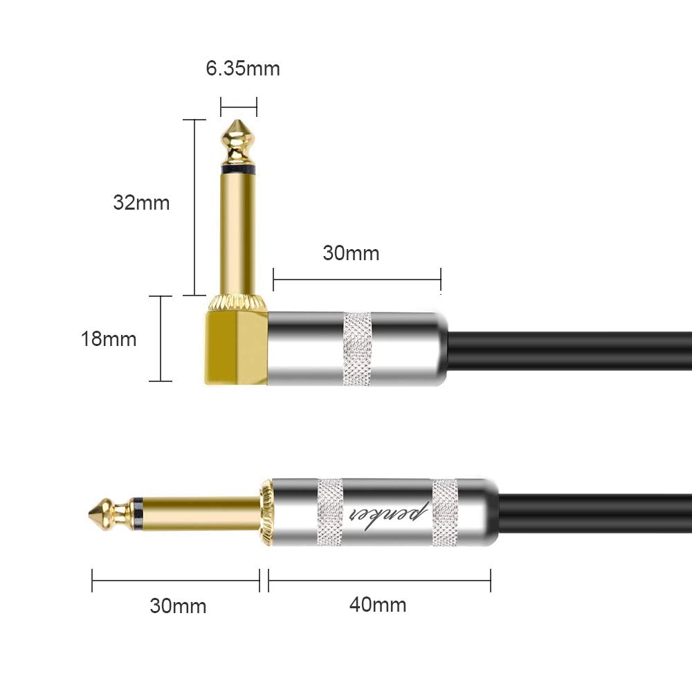 Penker 2 Pack Guitar Instrument Cable 6FT,Right Angle 1/4-Inch TS to Straight 1/4-Inch TS Gold Plated 6.35mm Guitar Cord,2 Meter for Guitar Bass Keyboard Effector Microphone Mixer