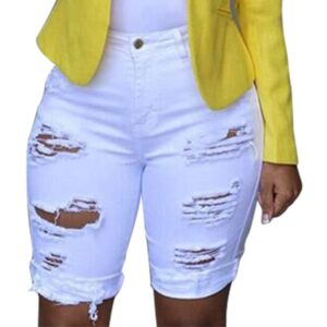 gdjgta women ripped holes jeans denim pencil shorts pants female high waist distressed short jeans ladies stretch slim jeans