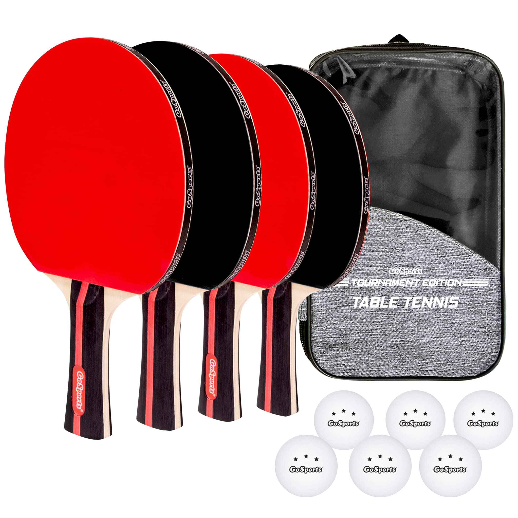 GoSports Tournament Edition Table Tennis Paddles Set of 4 Premium Wooden Paddles with Rubber Grip - Includes 4 Paddles and 6 Pro Grade Table Tennis Balls with Carrying Case