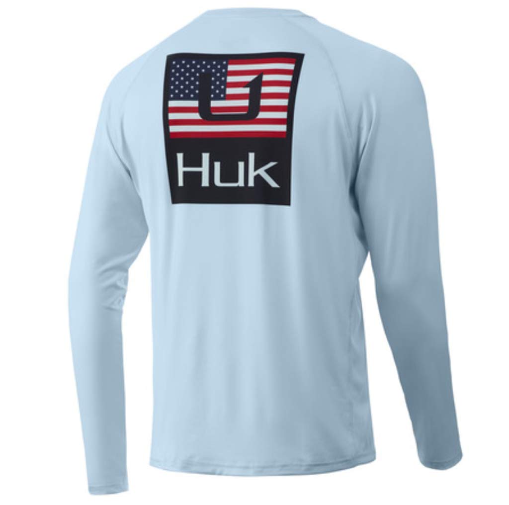 HUK Men's Pursuit Long Sleeve Sun Protecting Fishing Shirt, Huk'd Up Flag-Ice Blue, Medium